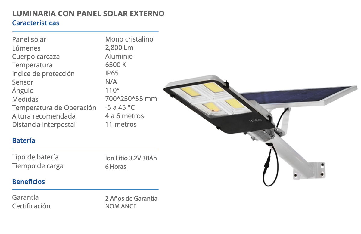 LUMINARIA CON PANEL SOLAR EXTERNO SO-SGW-120W | Central de Focos